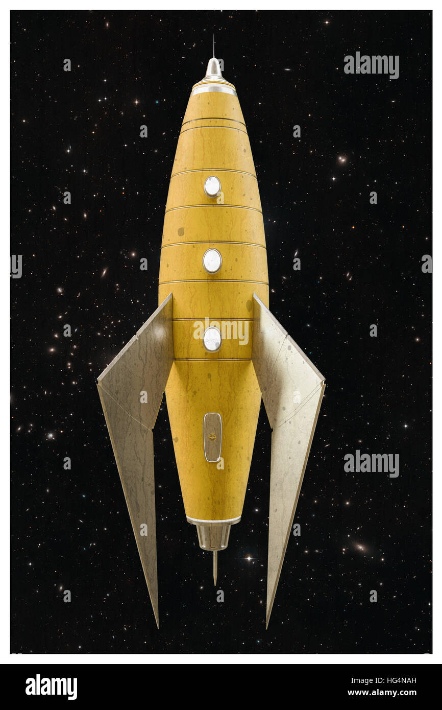 3d illustration of a yellow space rocket in an old postcard Stock Photo ...
