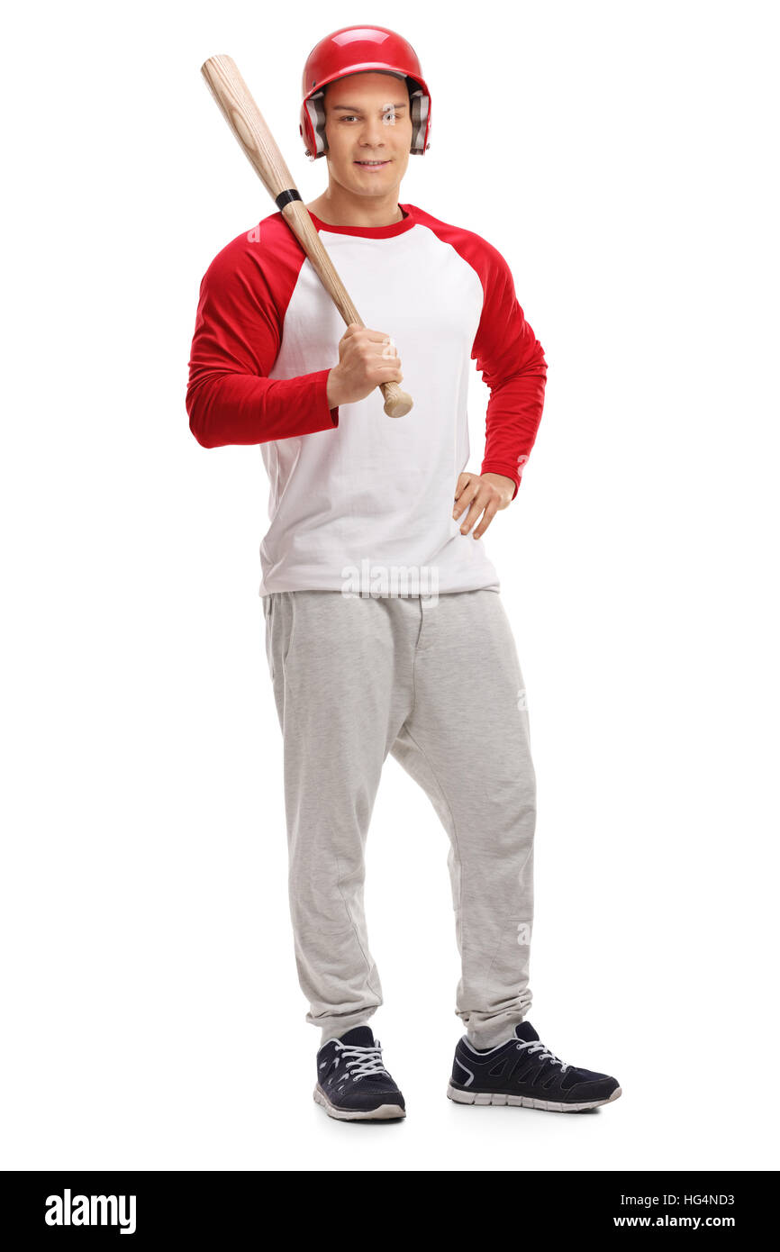 Full length portrait of a male baseball player posing with a bat ...