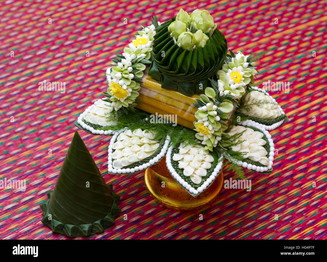 Tray with pedestal and Thai flowers preparing for Thai wedding culture ...