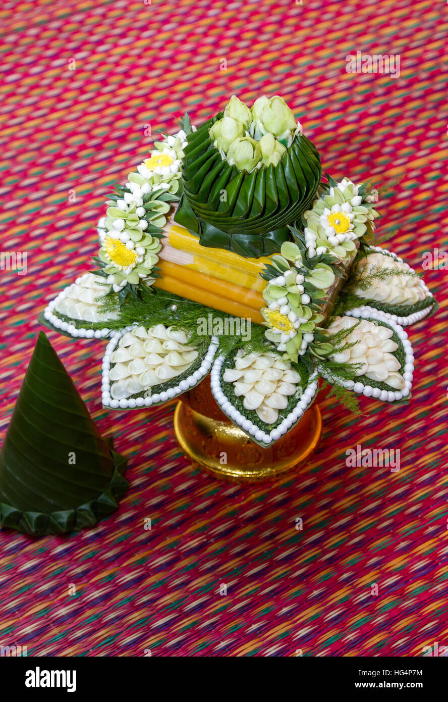 Tray with pedestal and Thai flowers preparing for Thai wedding culture ...