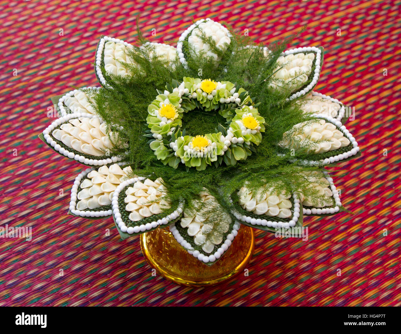 Tray with pedestal and Thai flowers preparing for Thai wedding culture ...