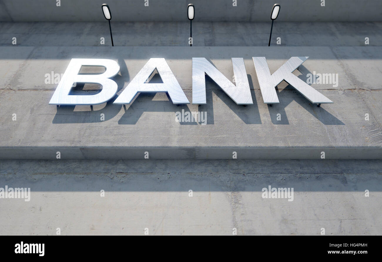 A 3D render of laser cut signage above the entrance to a modern generic ...