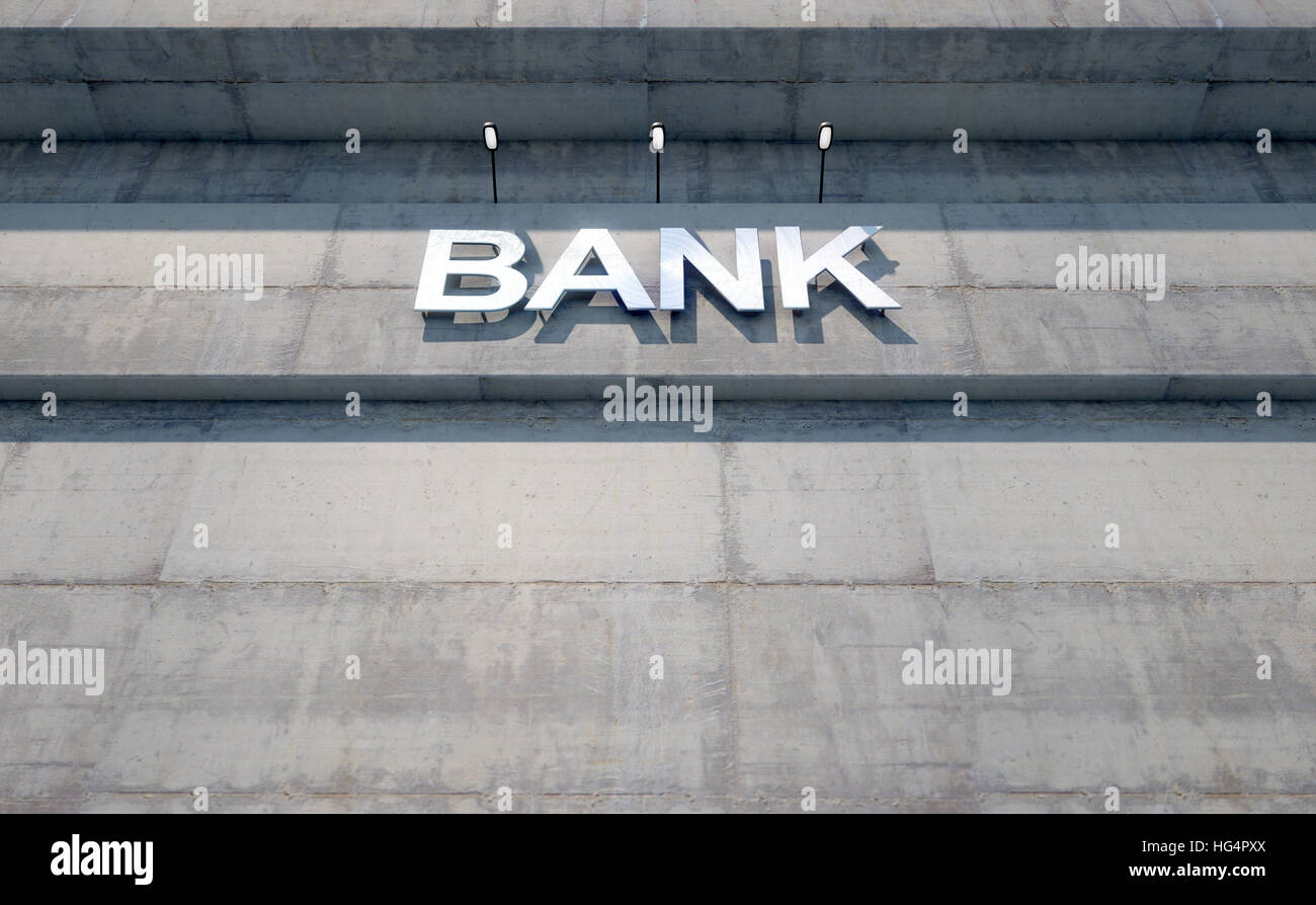 A 3D render of laser cut signage above the entrance to a modern generic ...