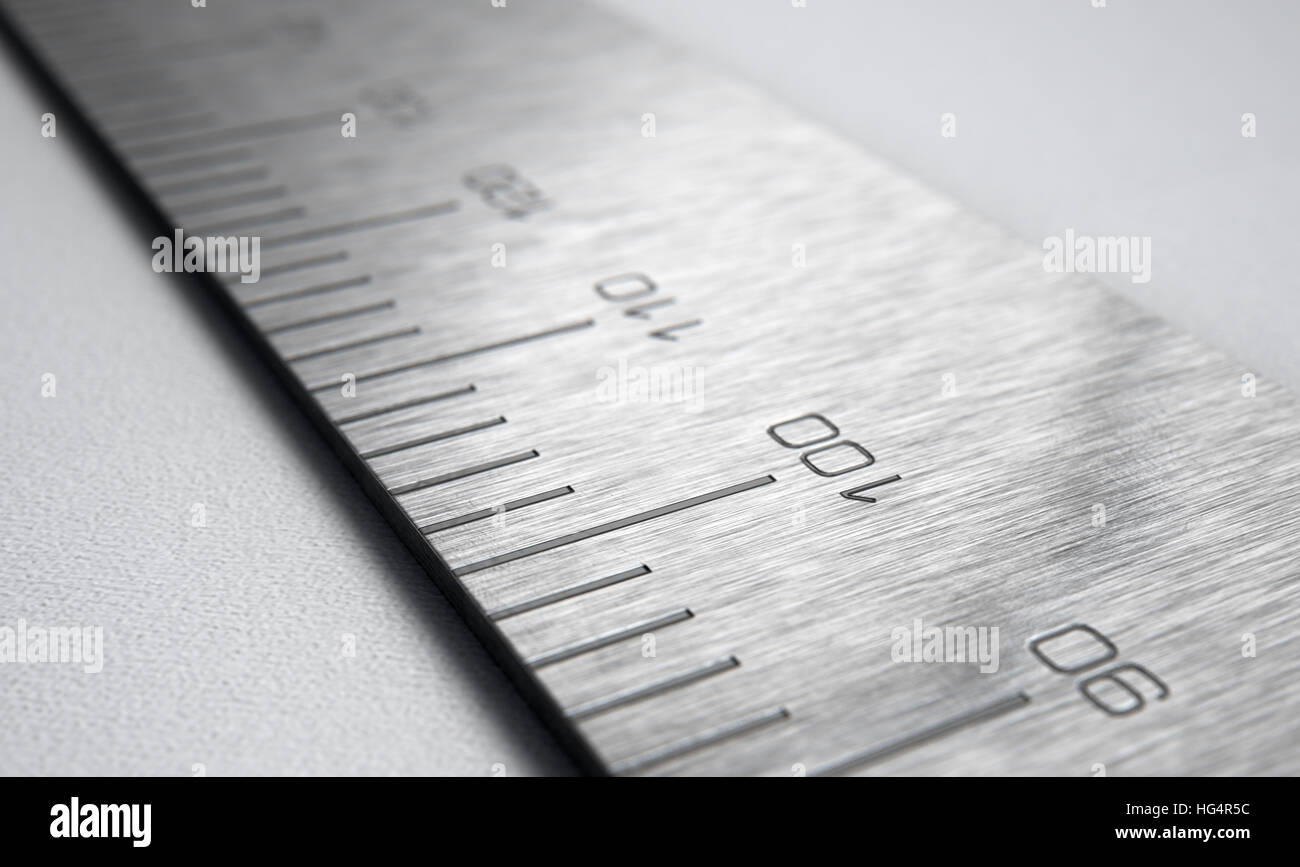 A 3D render of a close up view of a section of a steel ruler with ...