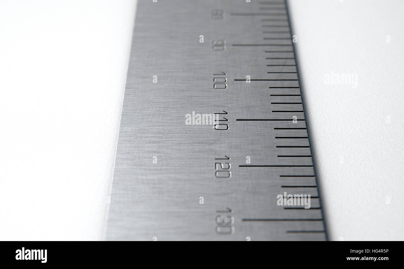 A 3D render of a close up view of a section of a steel ruler with ...