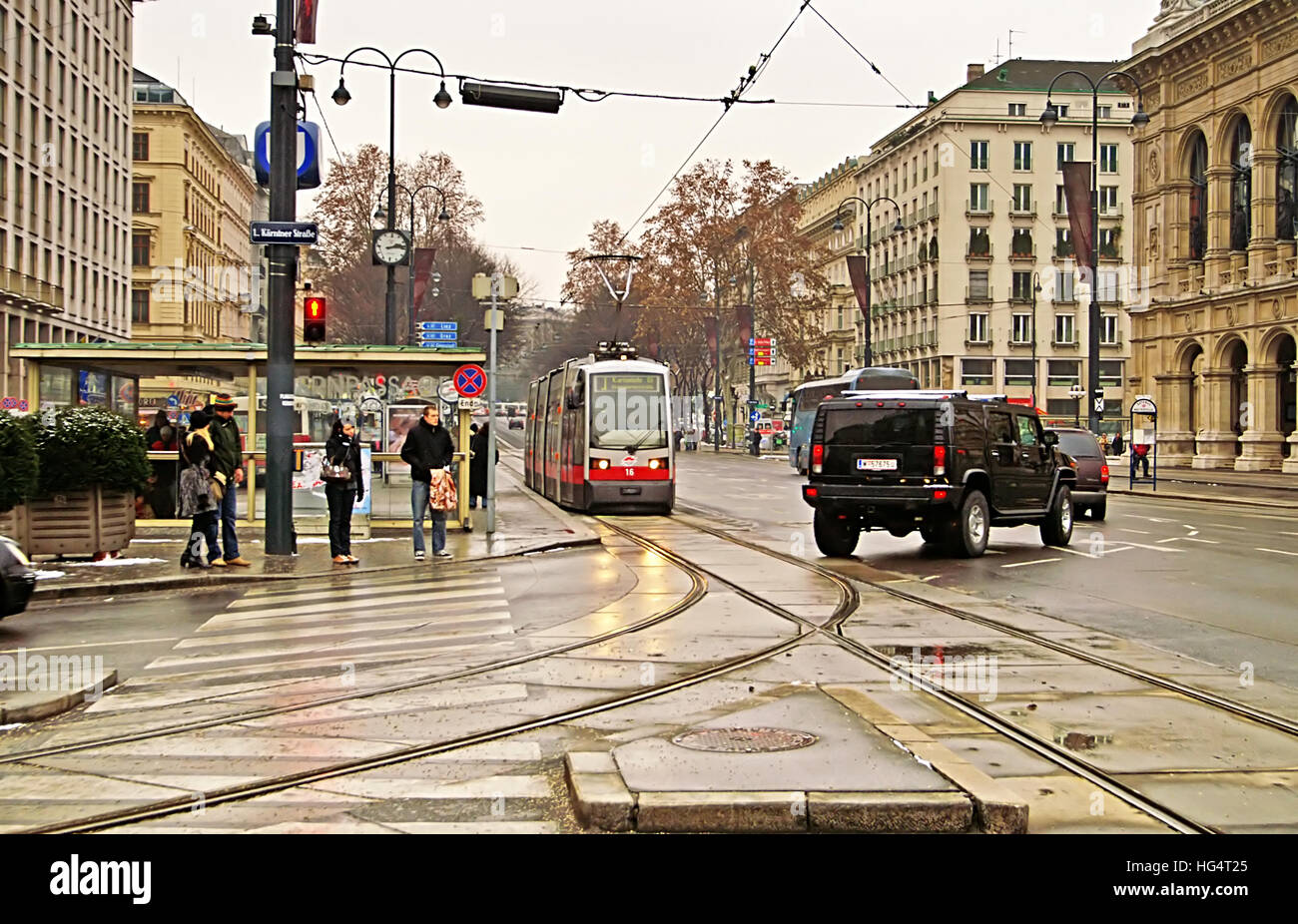 VIENNA, AUSTRIA - JANUARY 2, 2008: Public transportation with tram near ...