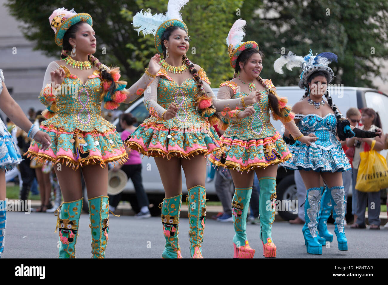 Young female traditional Bolivian dancers in costume at Latino Festival ...