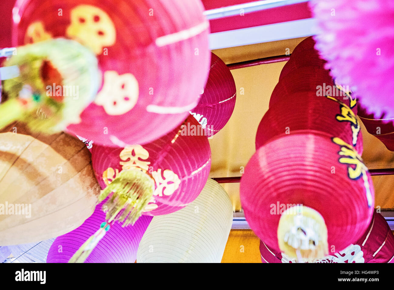 Looking up at pink Chinese lanterns Stock Photo - Alamy