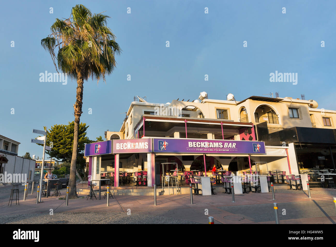 Beckhams bar facade. Paphos is a coastal popular tourist summer resort ...