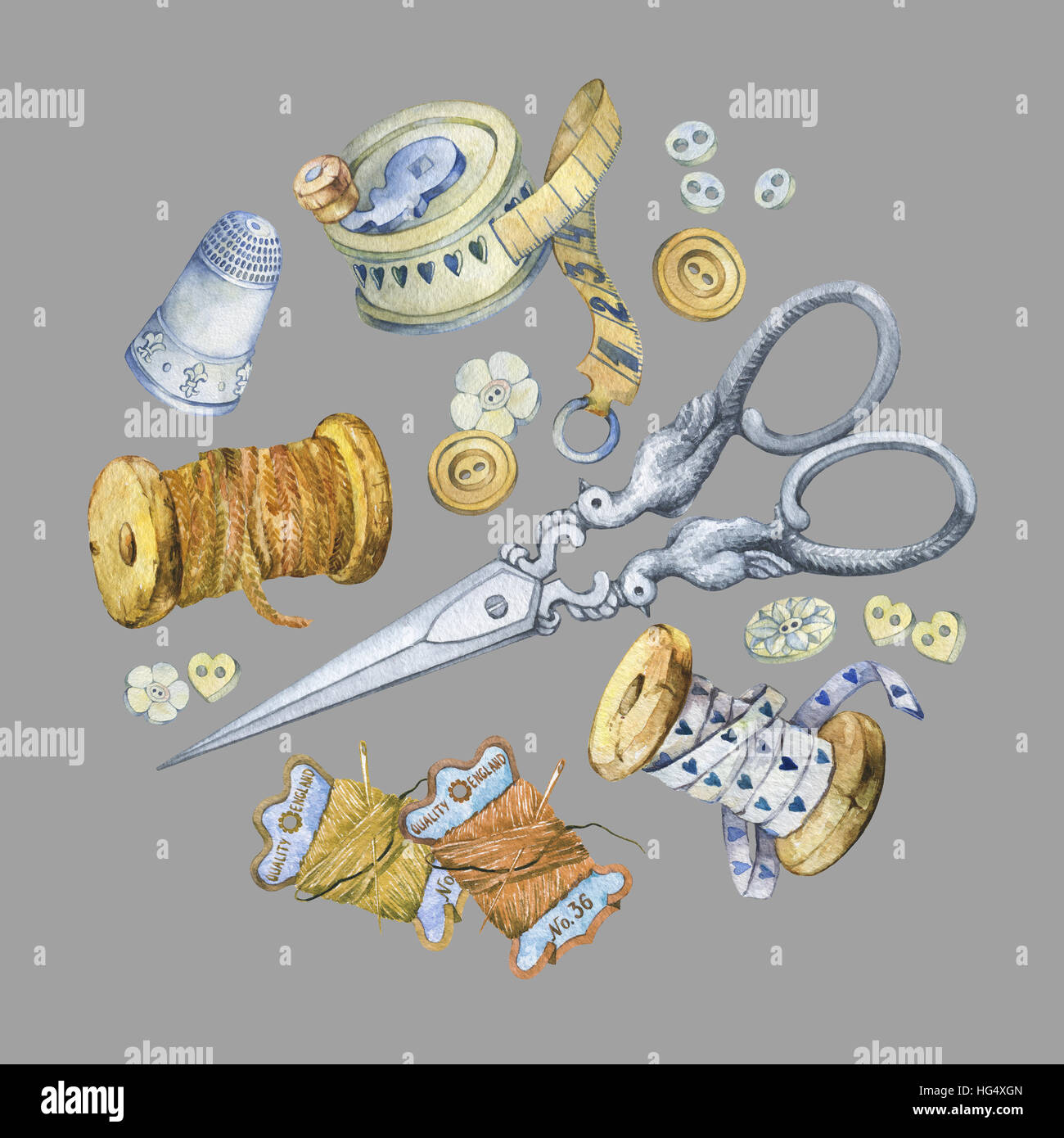 Banner of various hand drawn vintage objects for sewing, handicraft and ...
