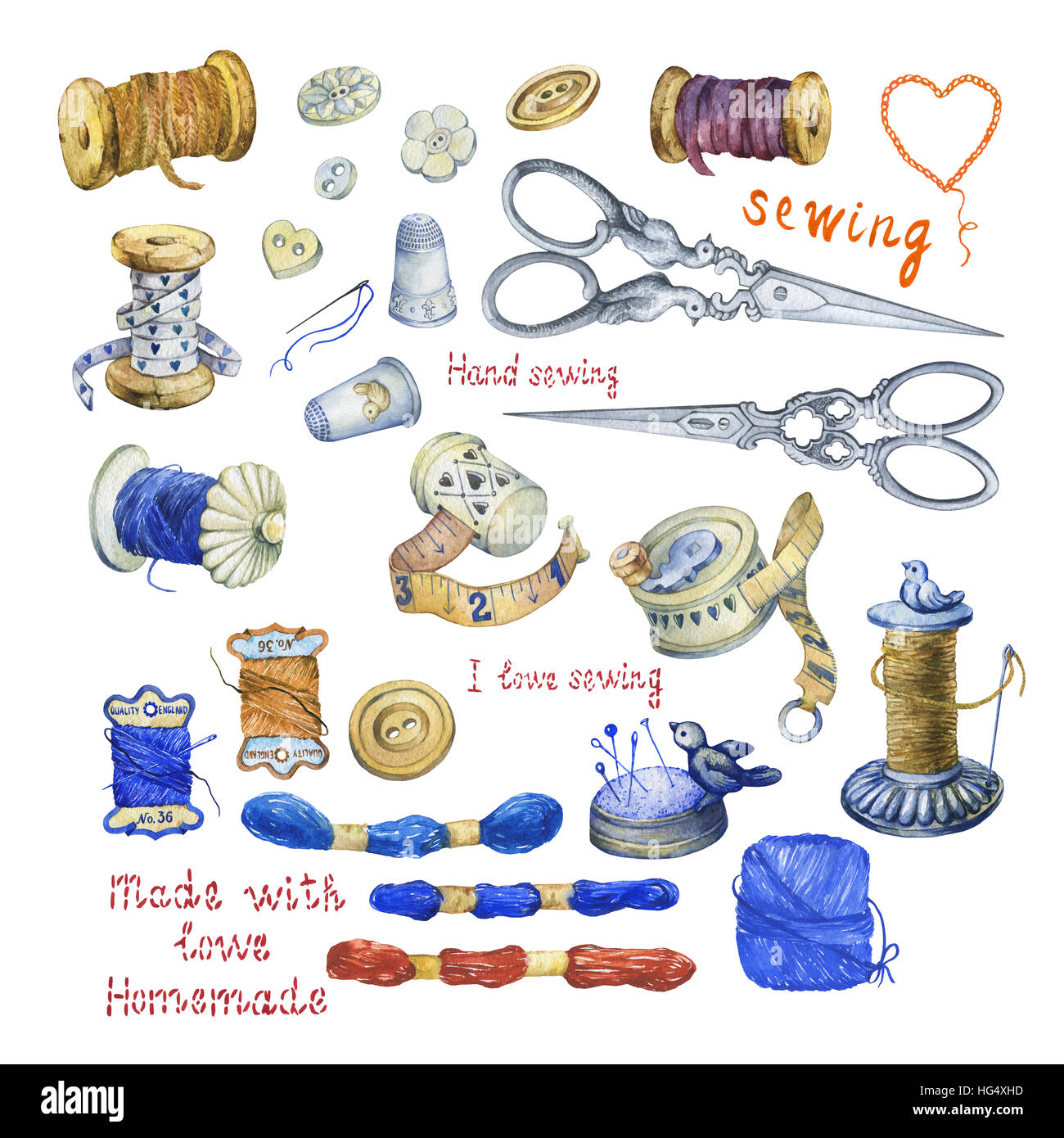 Set of various hand drawn vintage objects for sewing, handicraft and ...