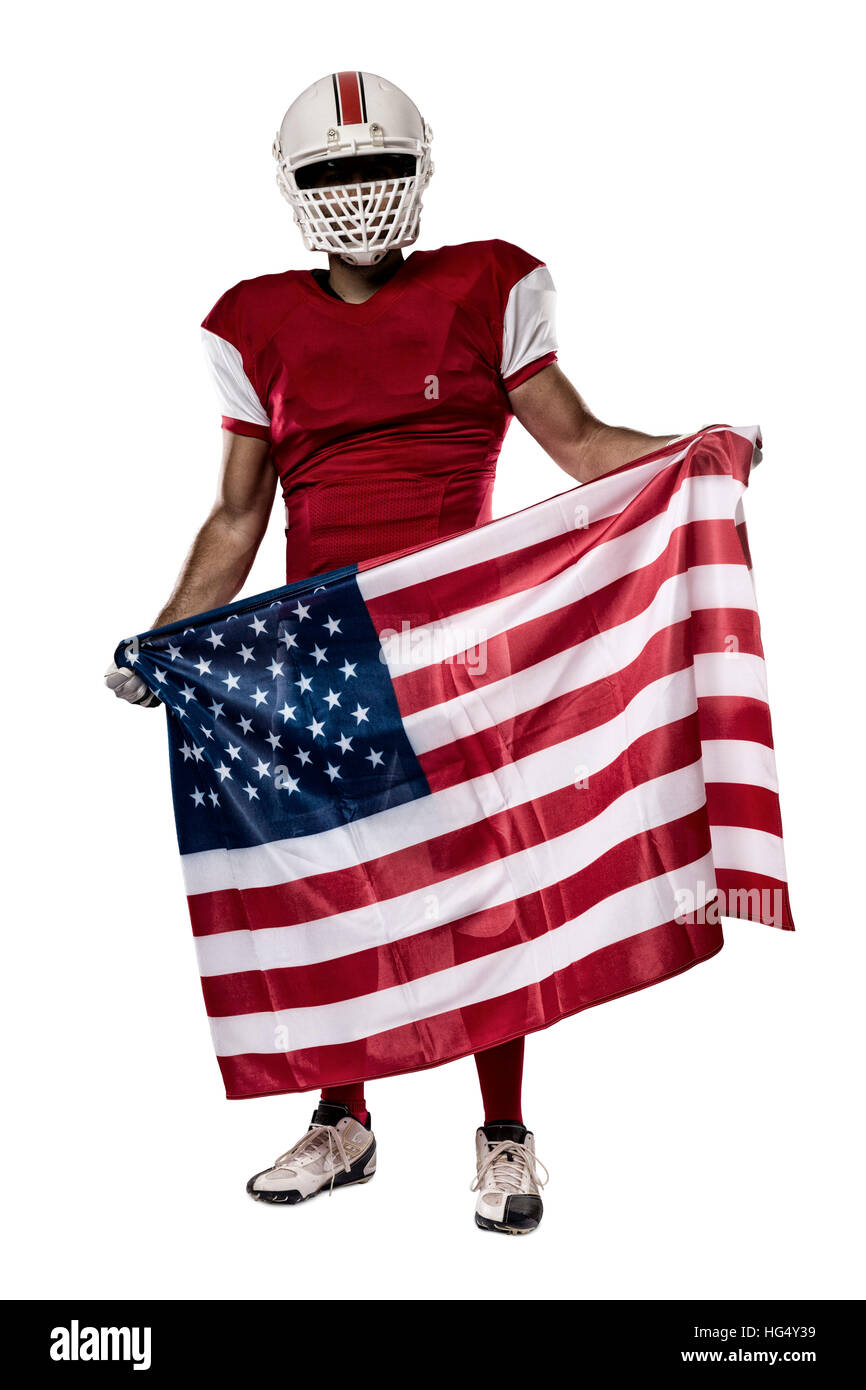 Football Player with a red uniform and a american flag, on a white ...