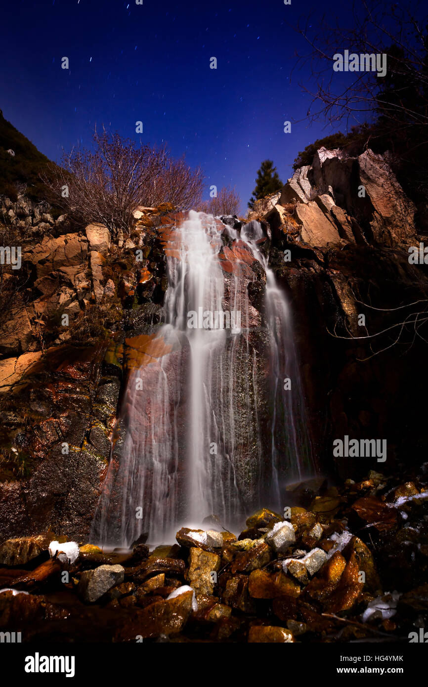 Waterfall in moonlight with stars Stock Photo - Alamy