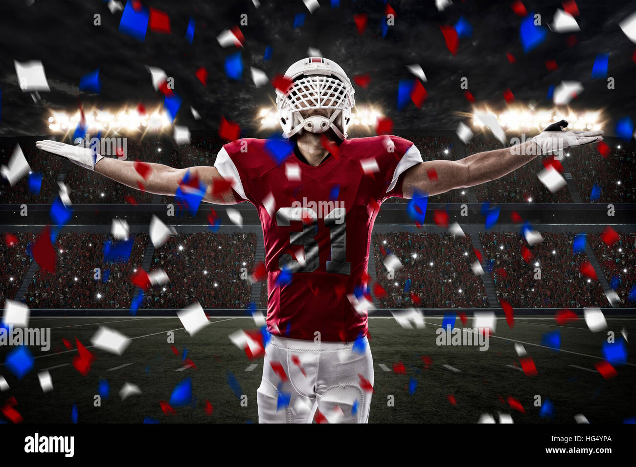 Football Player with a red uniform celebrating, on a stadium Stock ...