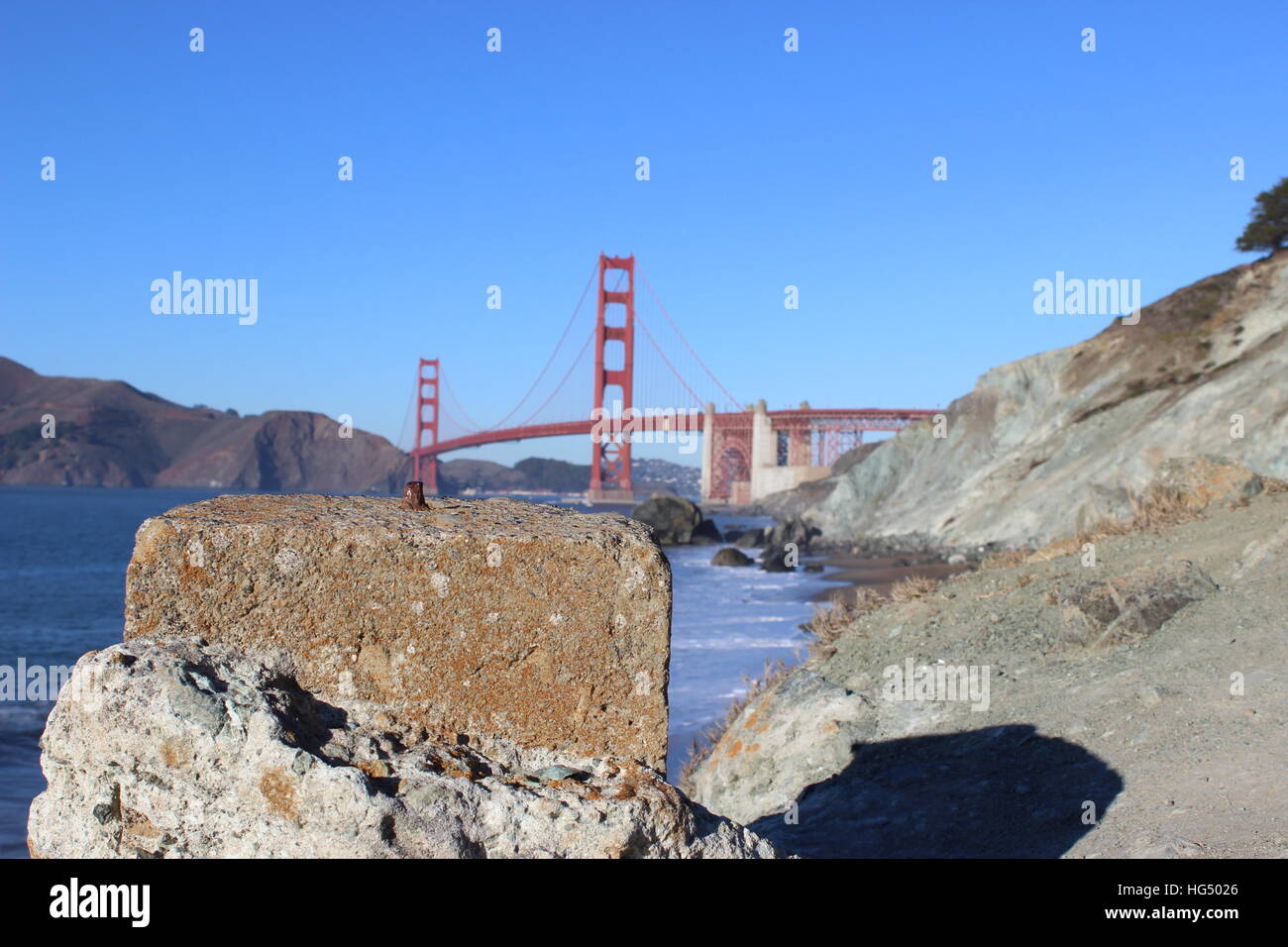 Ruins on Baker Beach overlooking the Golden Gate Bridge in San ...