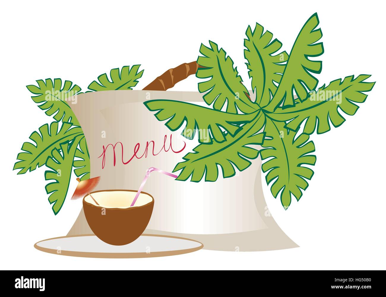 Menu with an exotic cocktail in a coconut with a palm tree and flowers ...