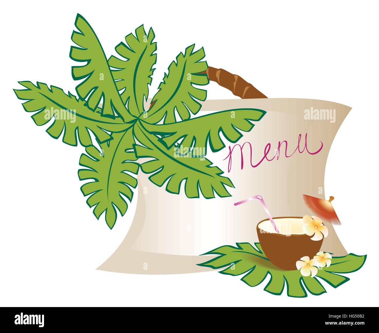Menu with exotic coconut cocktail and palm. EPS10 vector illustration ...