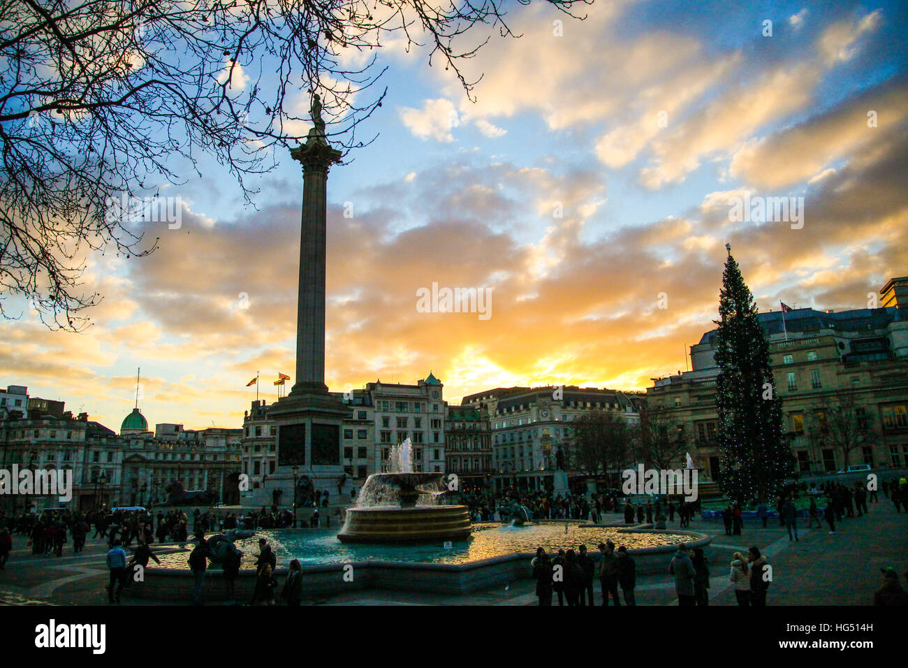Trafalgar Square is lit up by a warm winter sunset Featuring ...