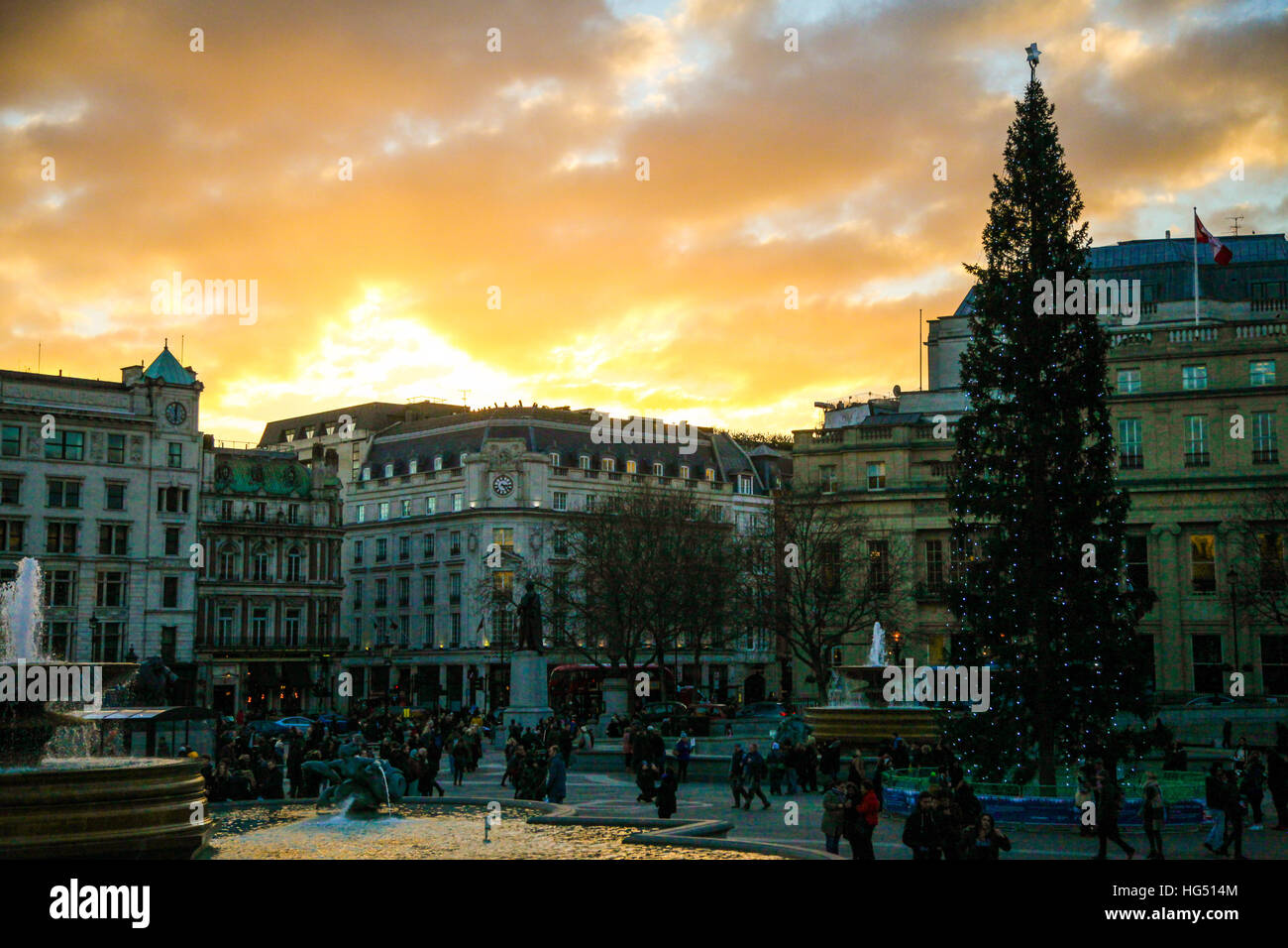 Trafalgar Square is lit up by a warm winter sunset Featuring ...