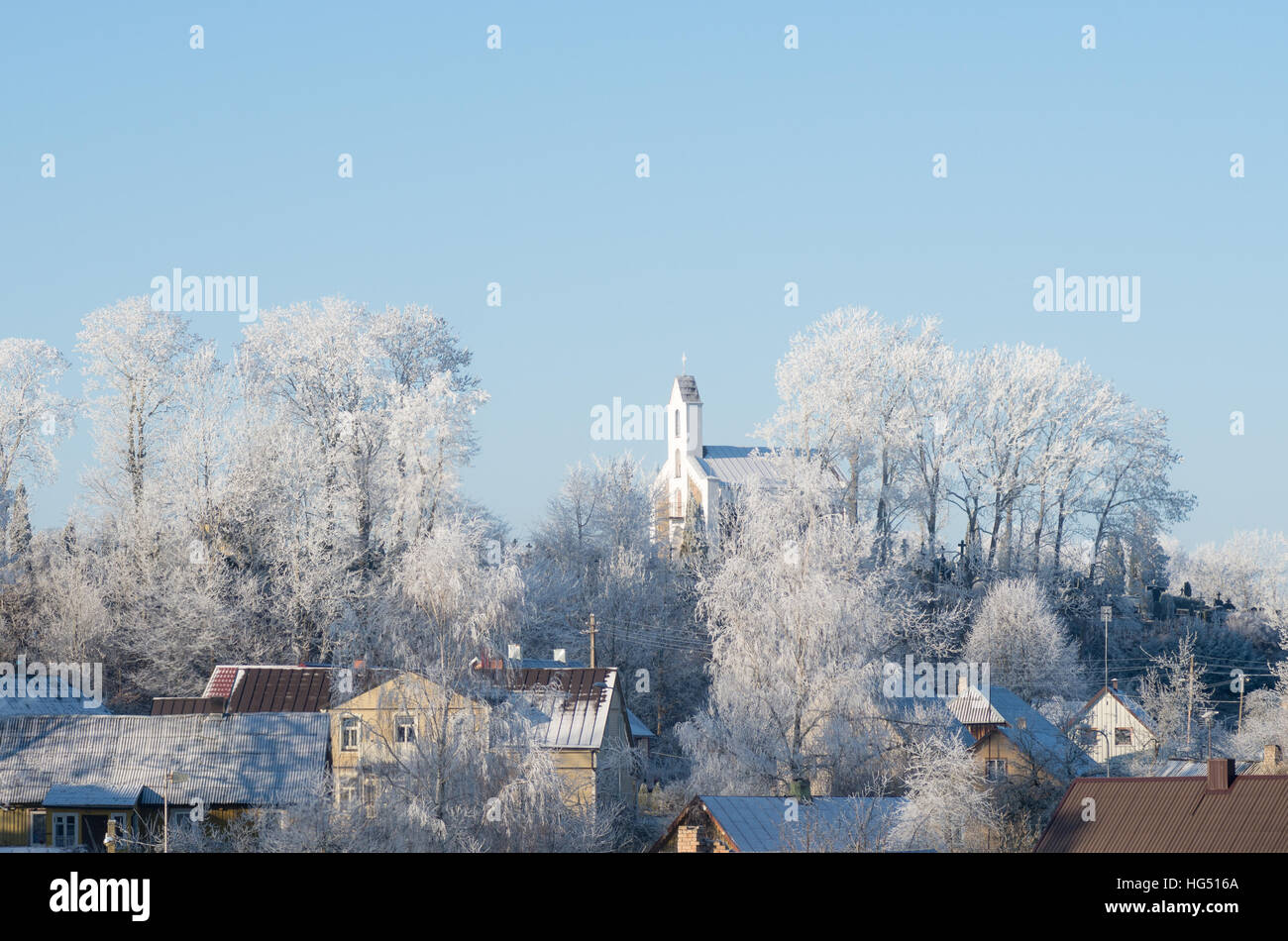 Cold winter. Frosted town in Lithuania. Zemaiciu Kalvarija Stock Photo ...