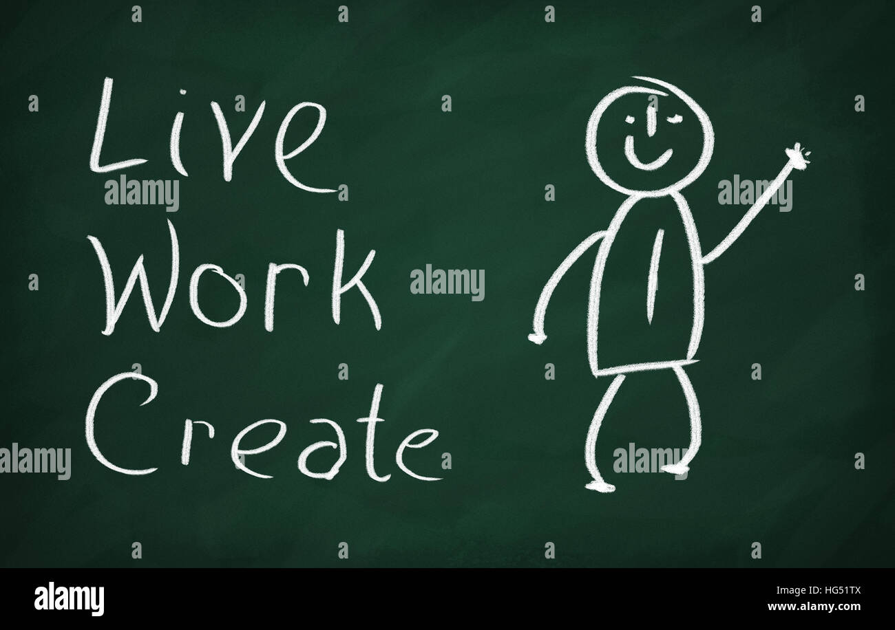 On the blackboard draw character and write Live, Work, Create Stock ...