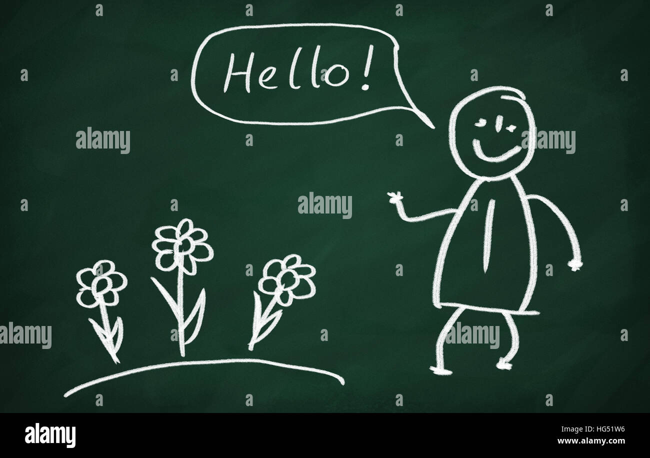 On the blackboard draw character and write Hello Stock Photo - Alamy
