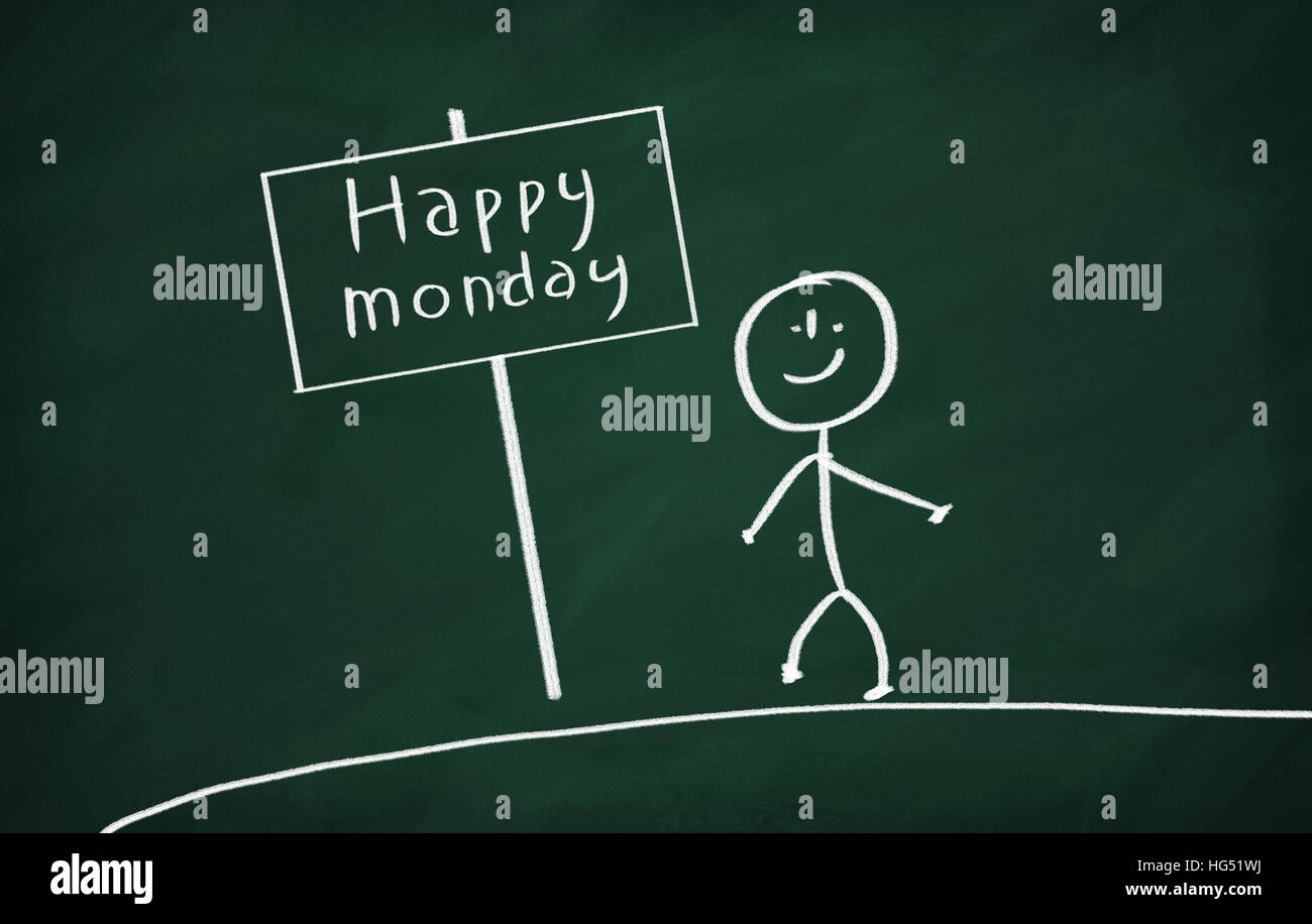 On the blackboard draw character who show sign with text Happy monday ...