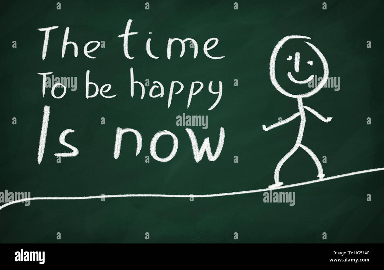 On the blackboard draw character and write The time to be happy is now ...