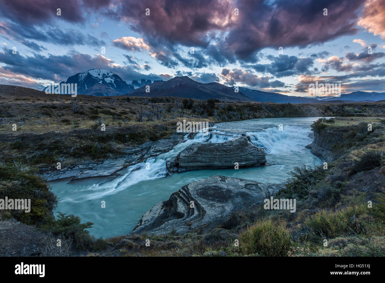 Sunset at the Rio Paine Waterfalls, Torres del Paine National Park ...