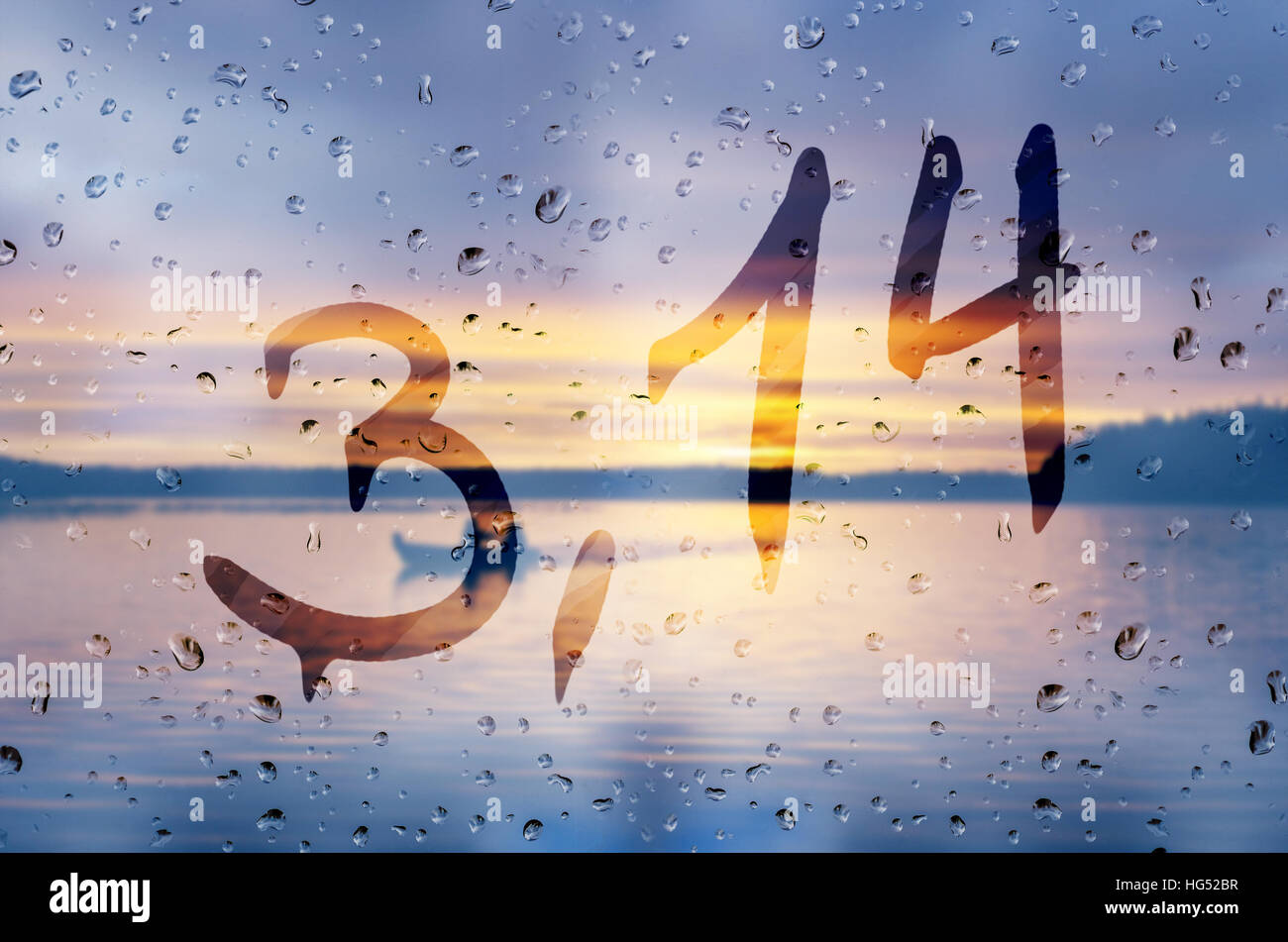 Rain on glass with Pi number (3,14) tex Stock Photo - Alamy