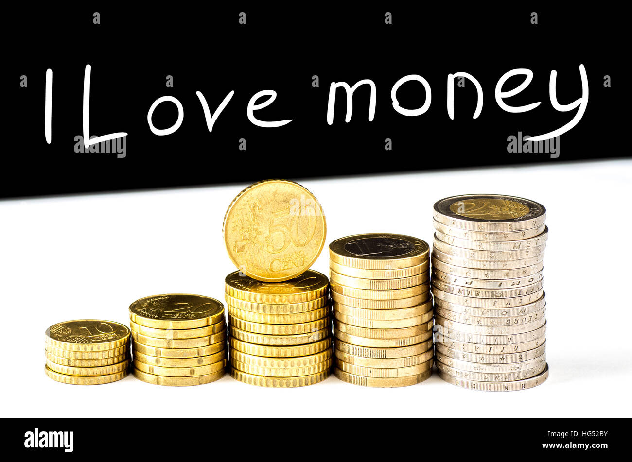 Stacks chart of gold coins isolated on background and write I Love ...