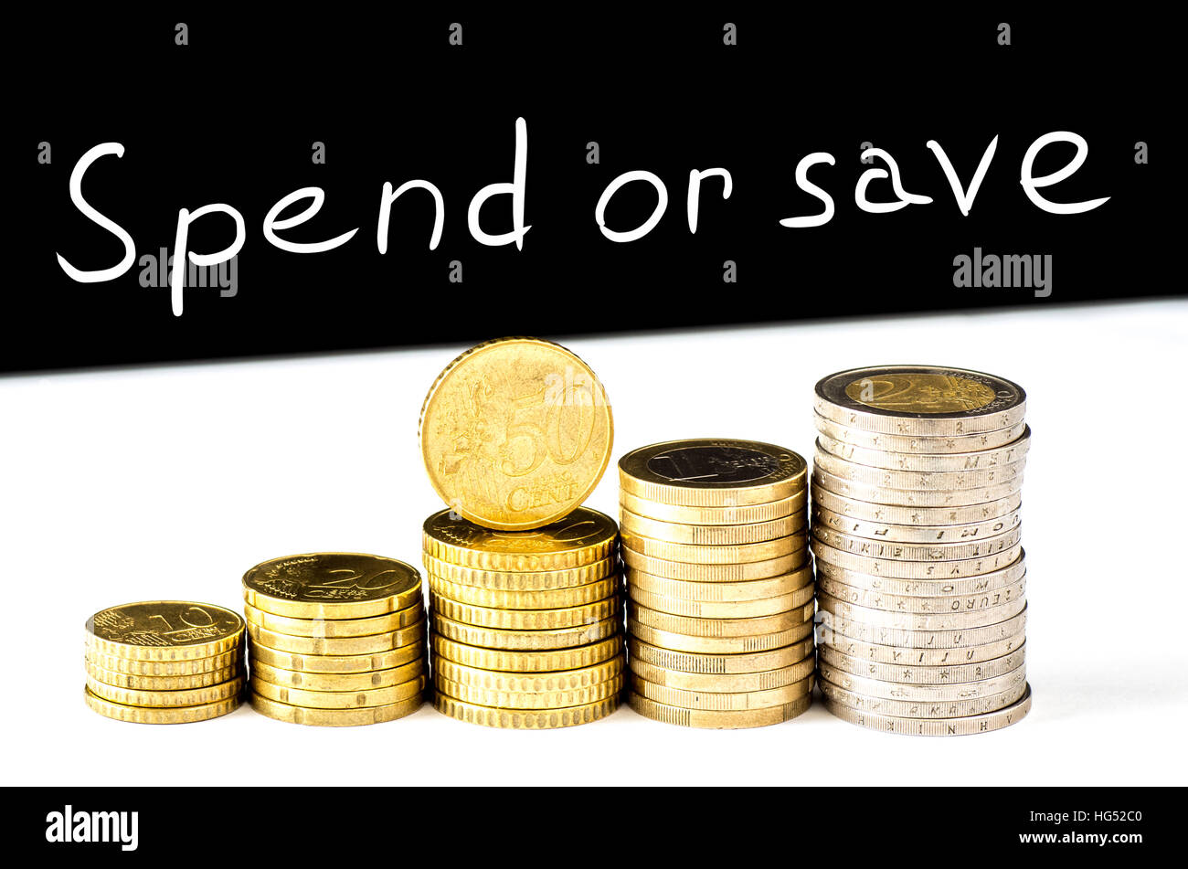 Stacks chart of gold coins isolated on background and write Spend or ...