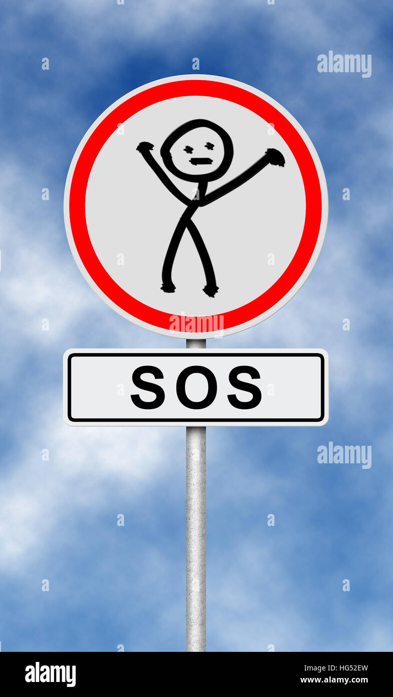 Traffic and street sign with sad character and text SOS Stock Photo - Alamy