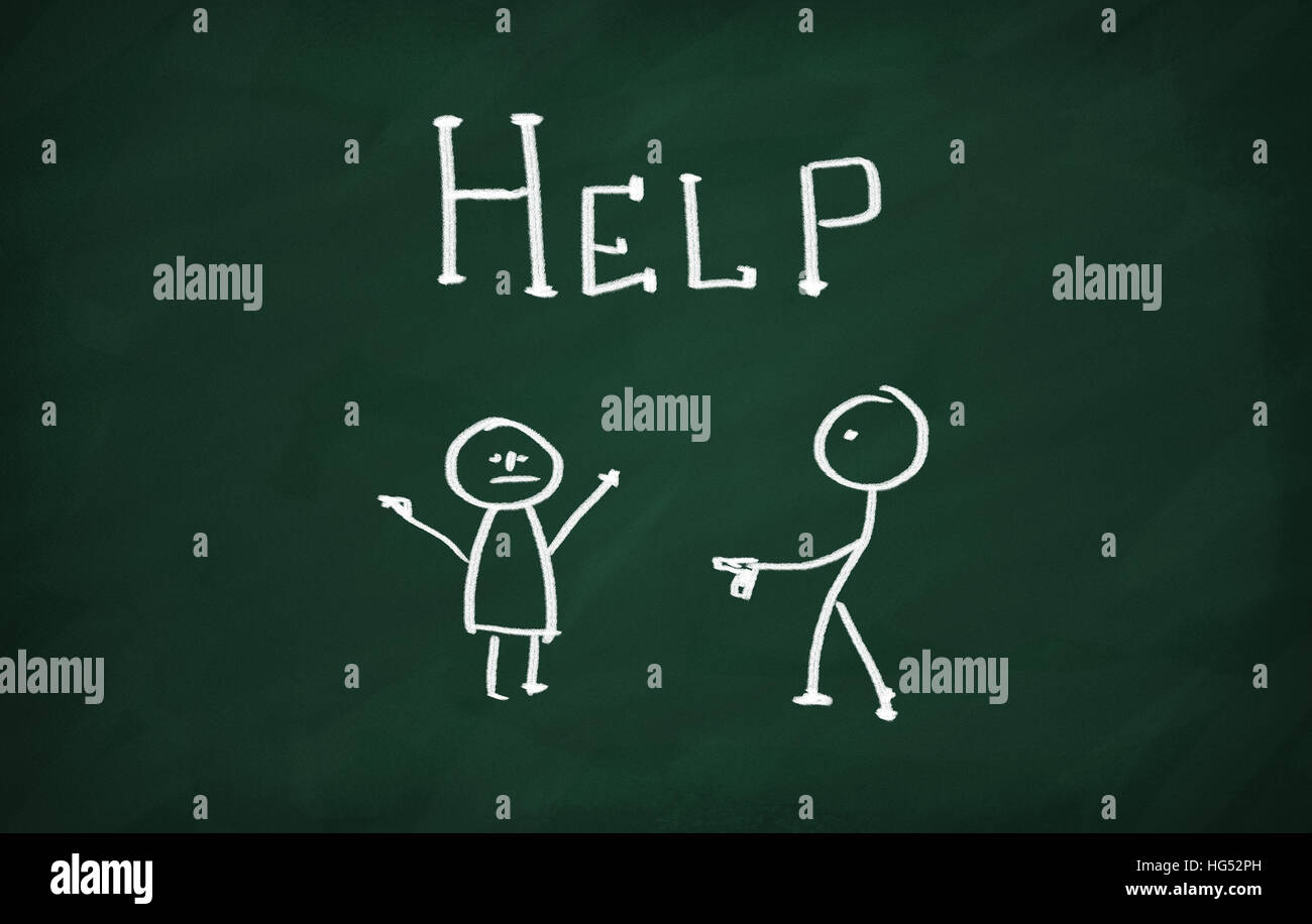 Two characters drawn on the blackboard and write help Stock Photo - Alamy
