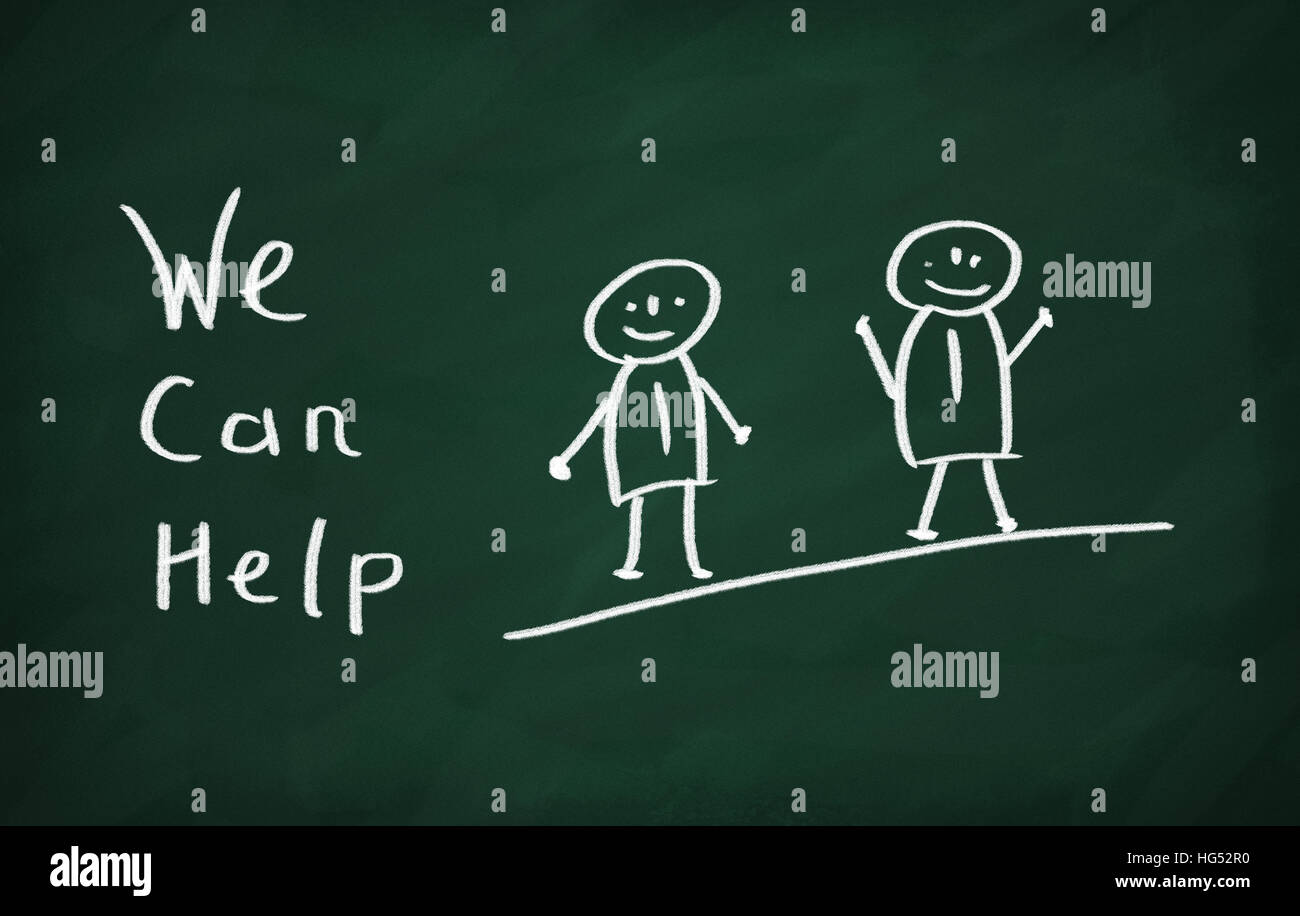 On the blackboard draw two characters and write can we help Stock Photo ...
