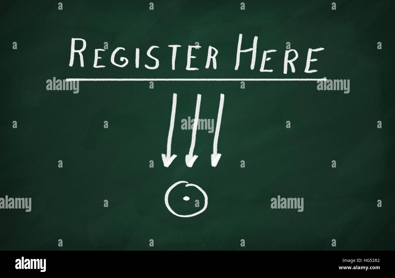 On the blackboard draw arrows and write register here Stock Photo - Alamy