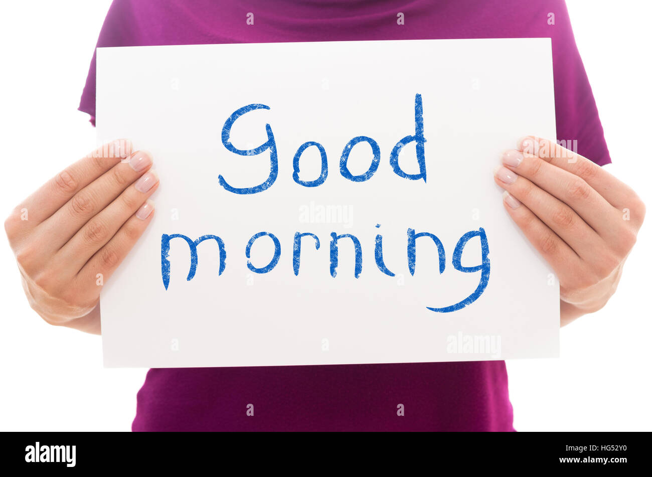 Girl holding white paper sheet with text Good morning Stock Photo - Alamy
