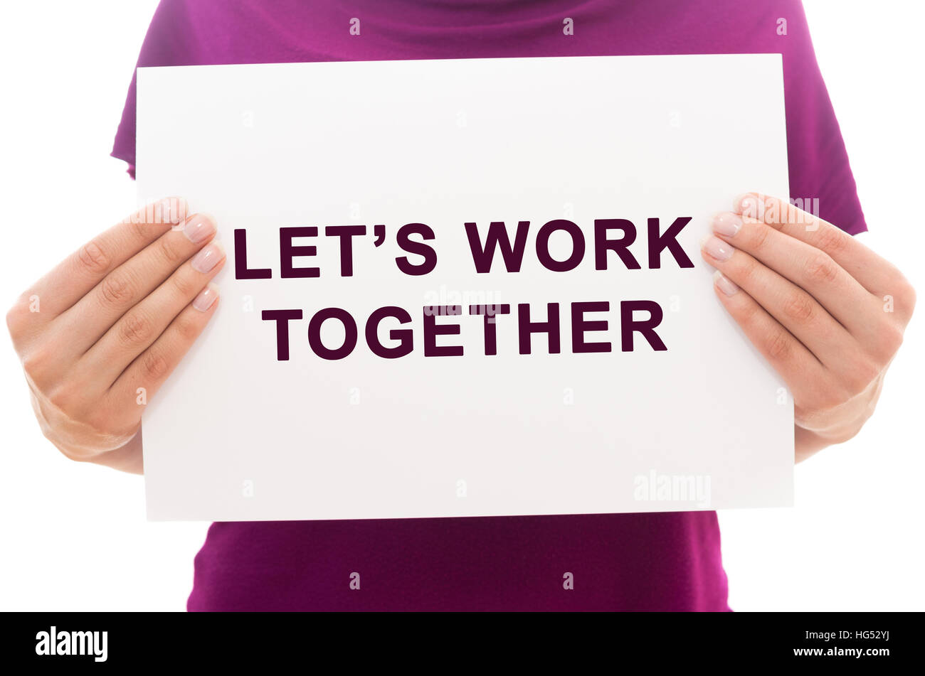 Girl holding white paper sheet with text Let's work together Stock ...