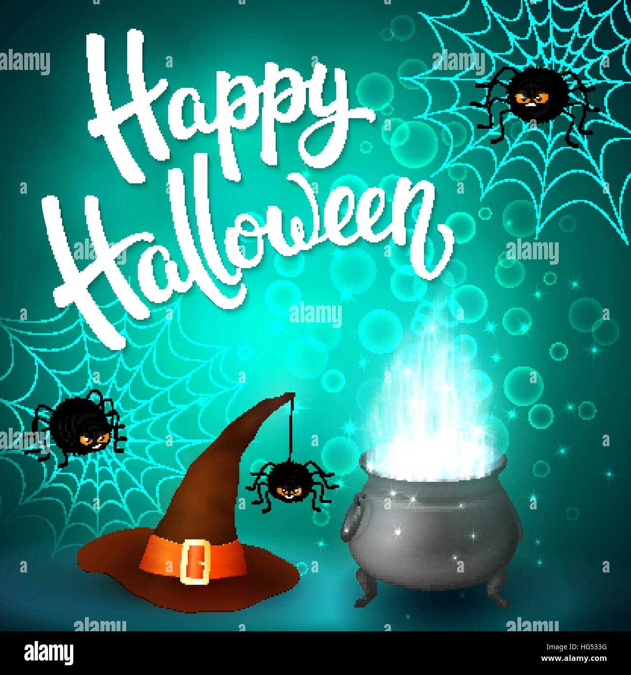 Halloween greeting card with witch cauldron, hat, angry spiders, net ...