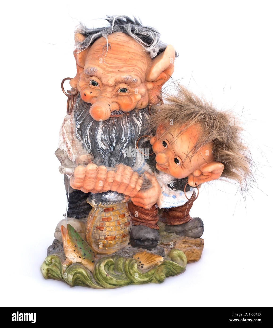 Two fisher troll with fishing rod figurine on a white background Stock ...