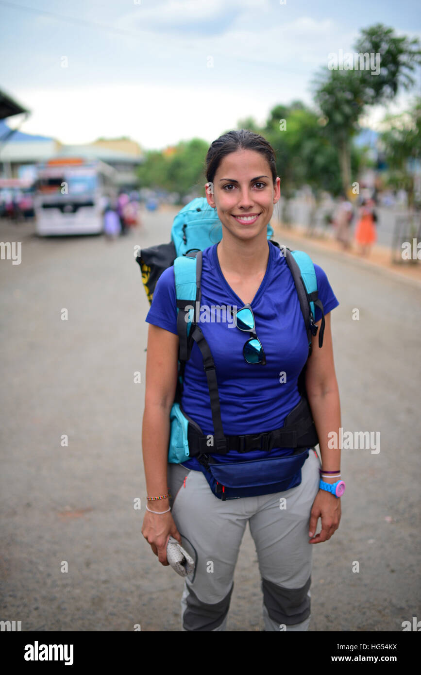 Young attractive female backpacker in Wellawaya bus station, Sri Lanka ...