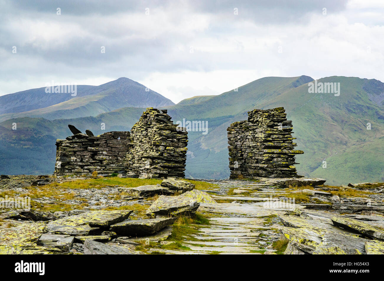 Old quarry buildings on the south side of Snowdon, looking towards ...