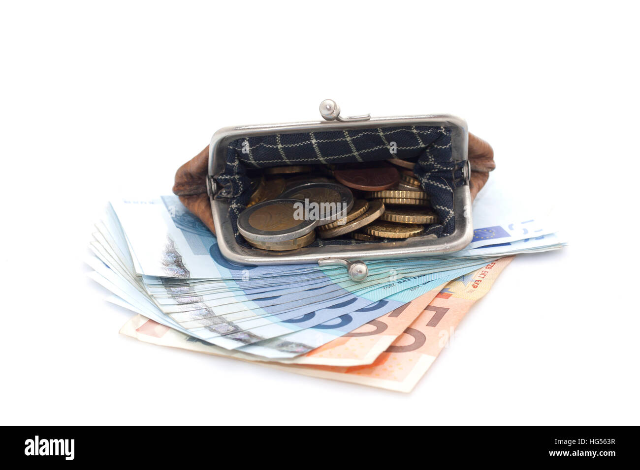 Wallet with euro coins and banknotes on a white background Stock Photo ...