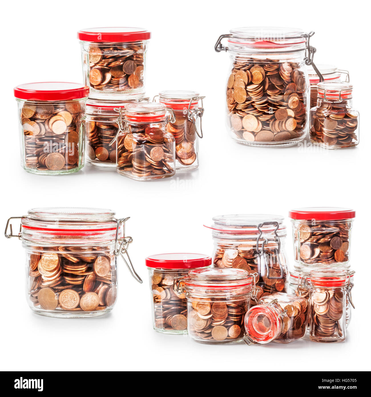 Glass bank jars with coins collection isolated on white background ...