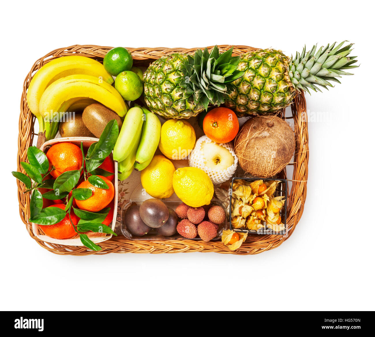 Fresh fruits on wicker tray. Healthy eating and dieting concept. Single ...
