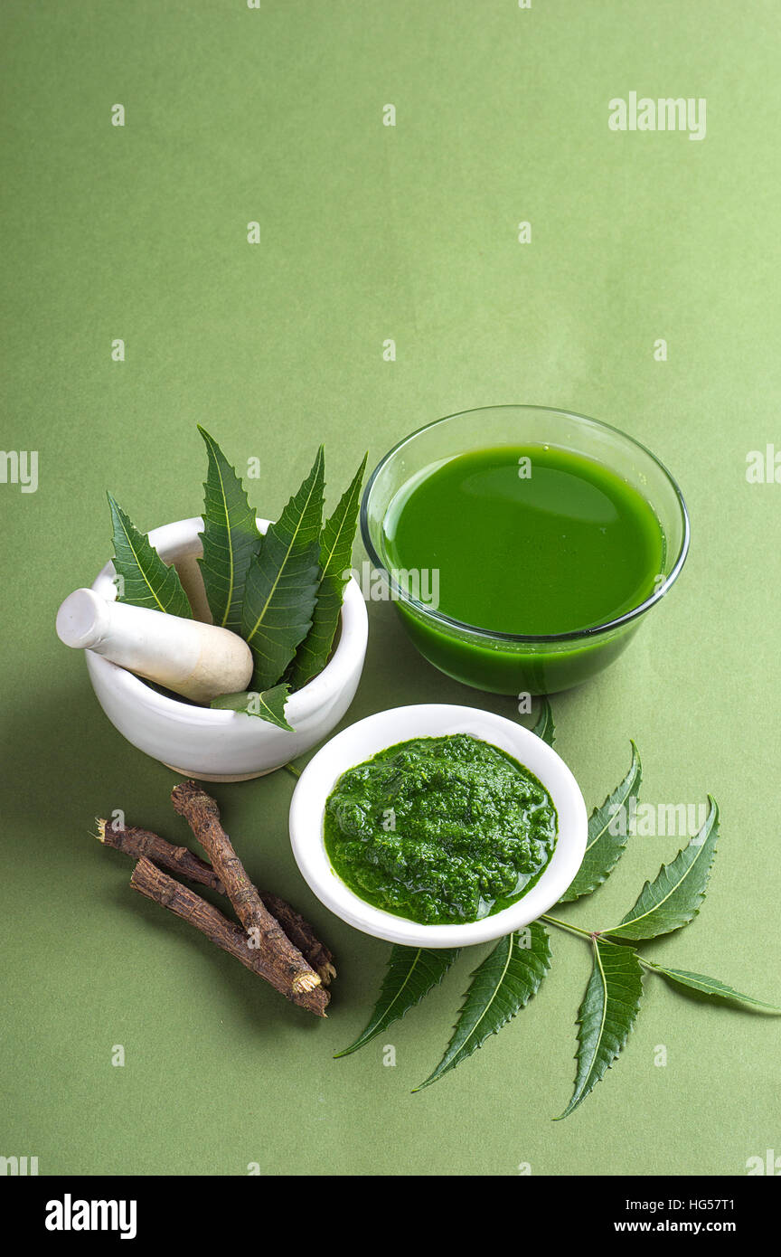 Medicinal Neem leaves in mortar and pestle with neem paste, juice and ...