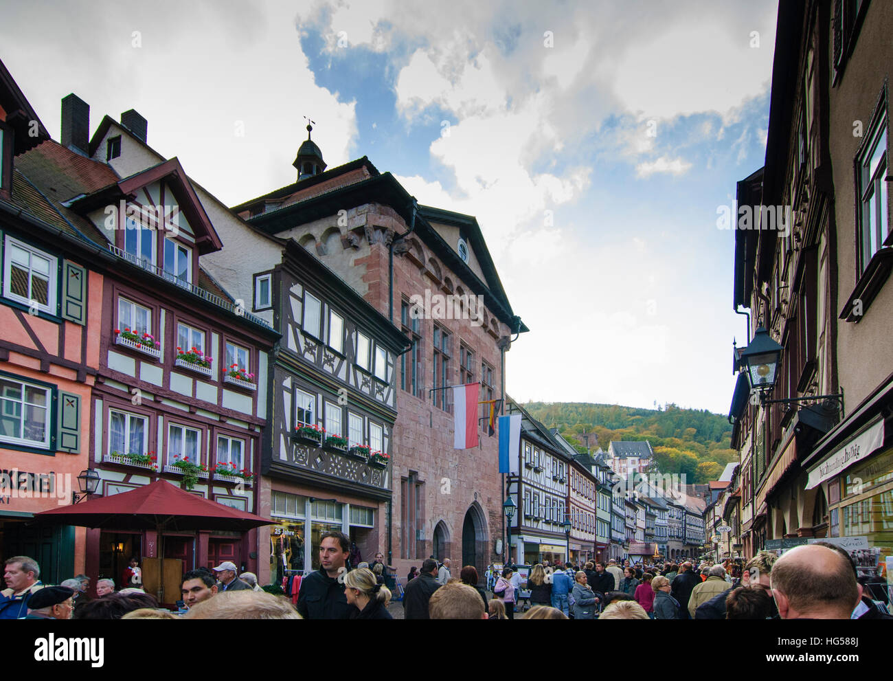 Miltenberg: Main street with the old town hall and view to the castle ...