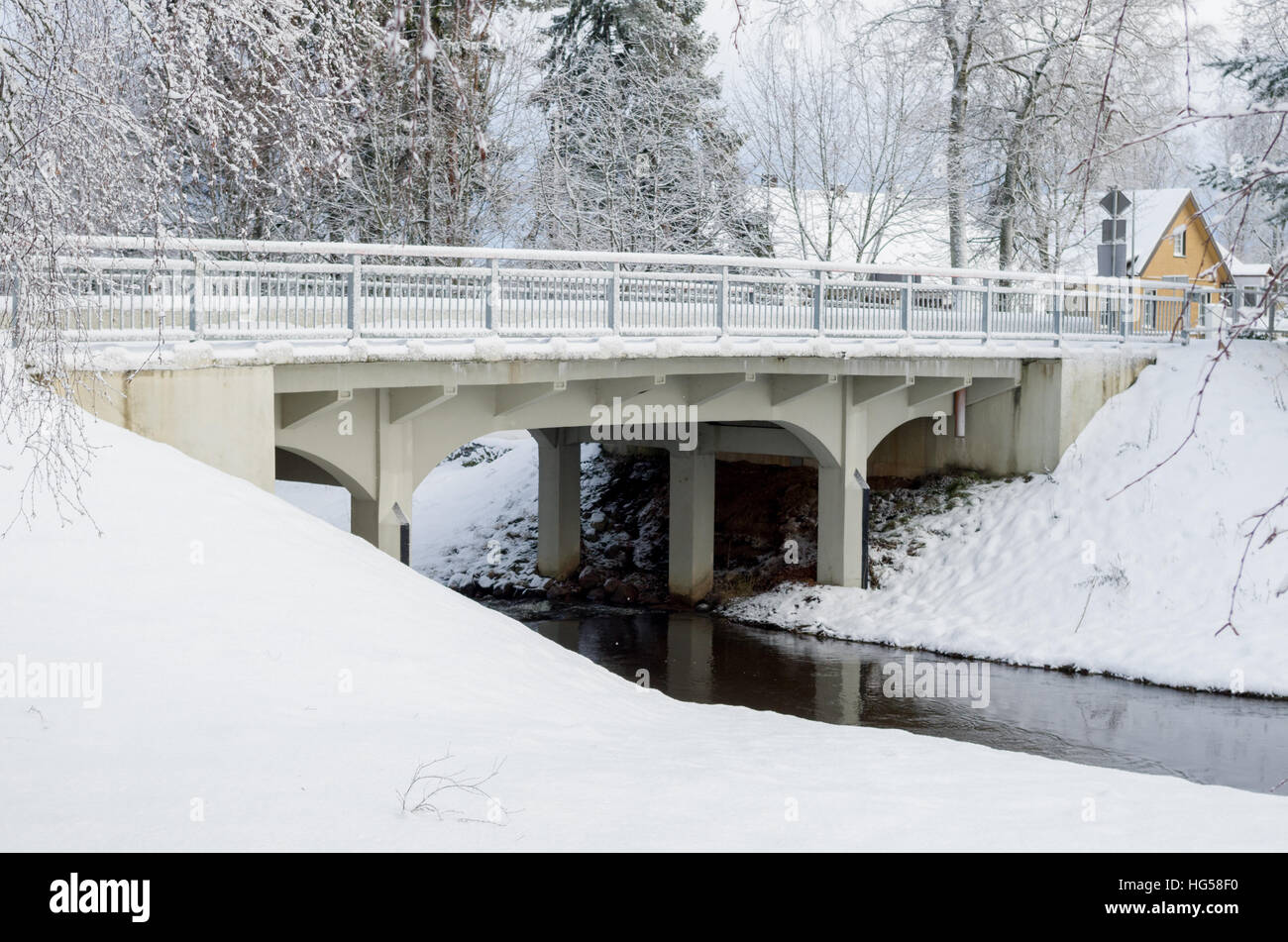 Winter forest with a cool bridge and trees Stock Photo - Alamy