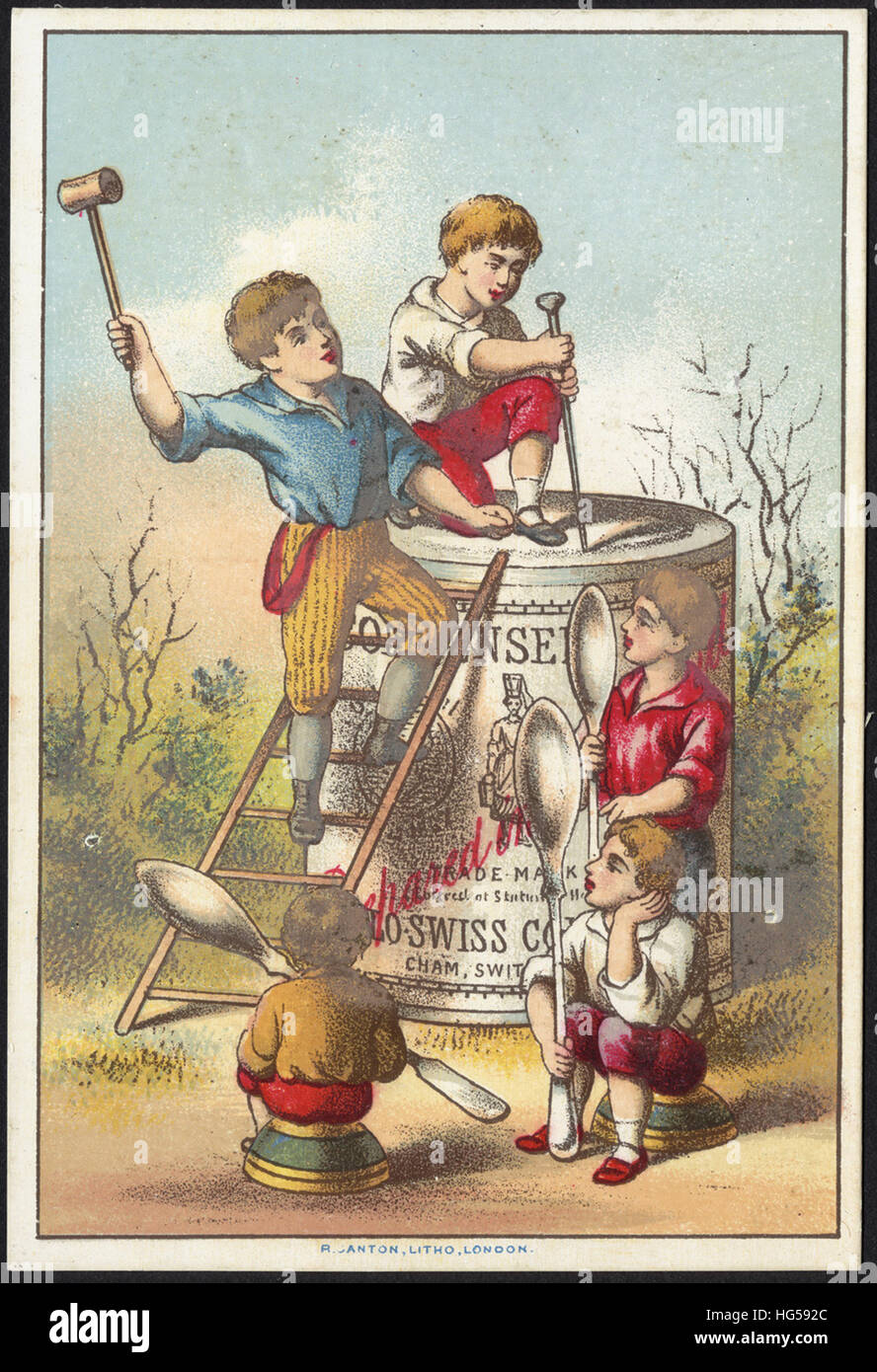 Beverage Trade Cards - 5 boys opening a giant can Stock Photo - Alamy