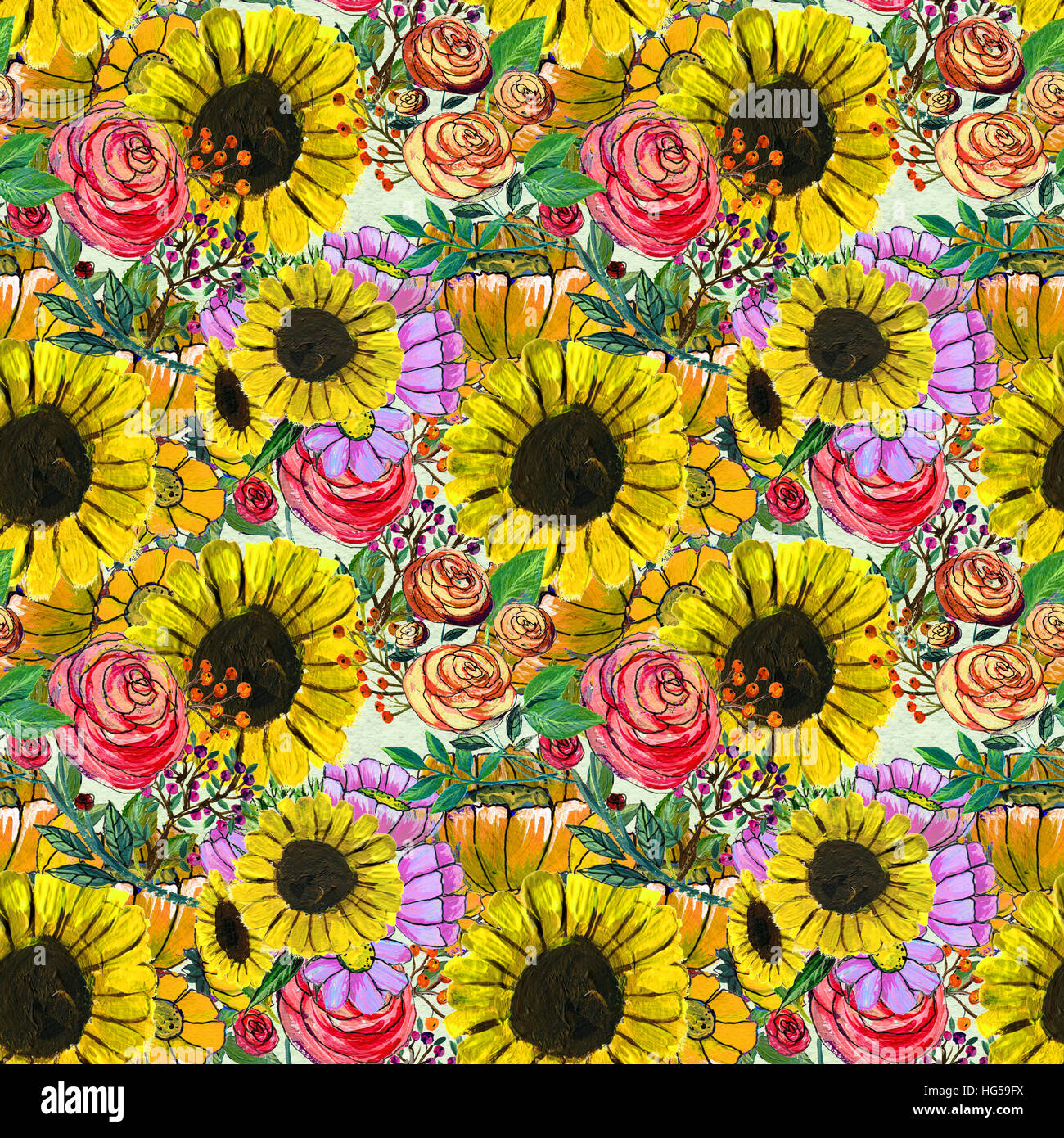 Seamless pattern with blue yellow and pink flowers Stock Photo - Alamy